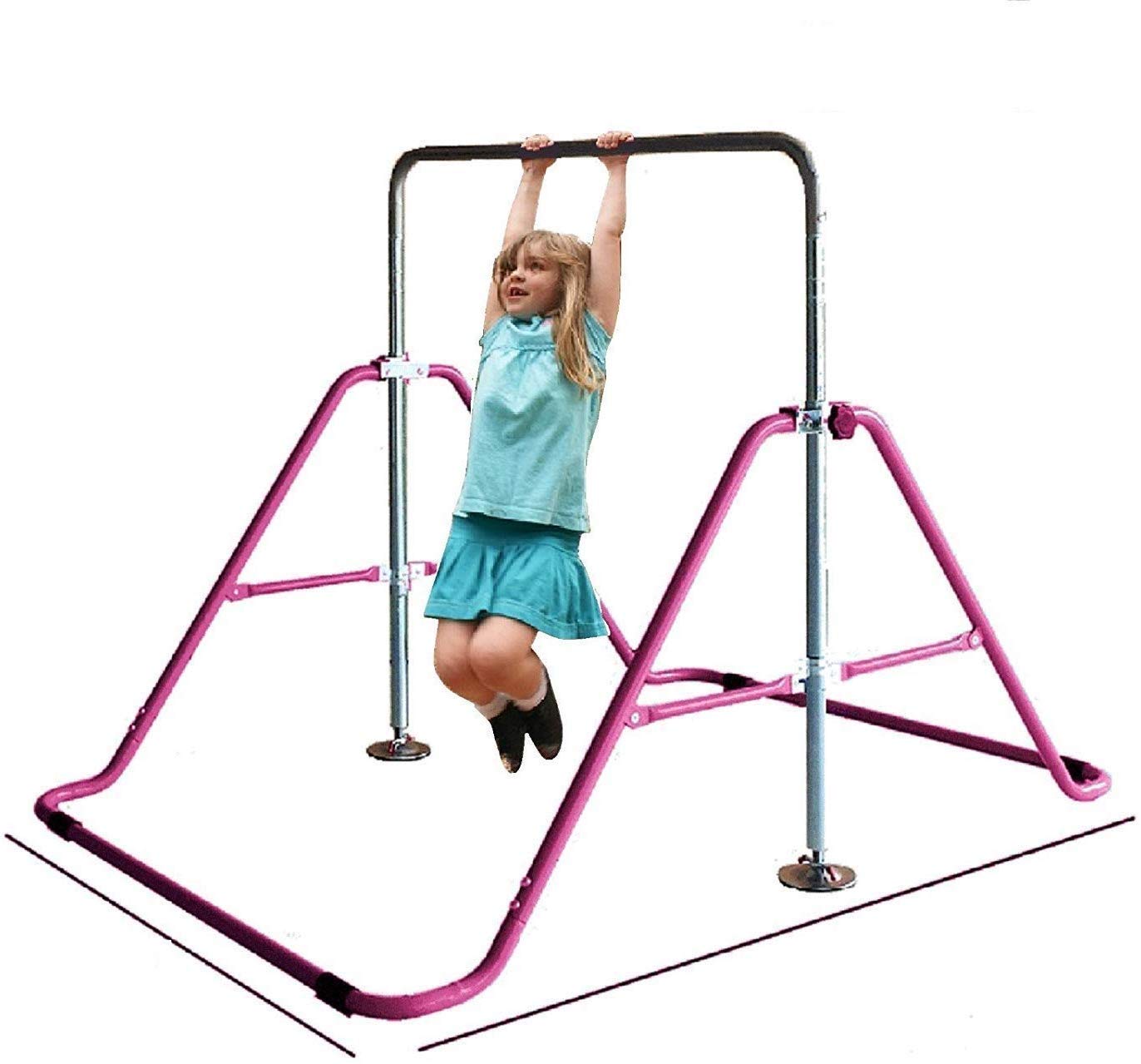 Kids Home Gymnastics Bar Jungle Gym 3 in 1 Set Deluxe Swing Seat, Trapeze Rings, Horizontal Kip Bar Height Adjustable Monkey Bar, Expandable Junior Training Gymnastic Balance Bar, Swing Set (Pink)
