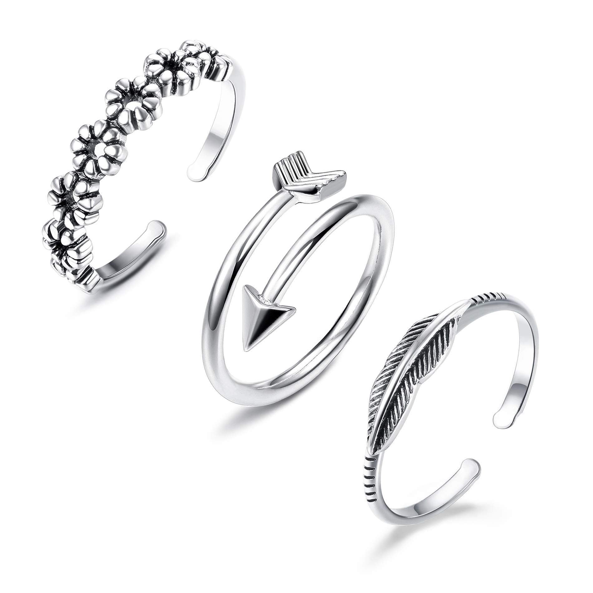 JOERICA 3 Pcs Silver Adjustable Open Rings Women Feather Thumb Stackable Knuckle Ring Sideways Arrow Horizontal Ring