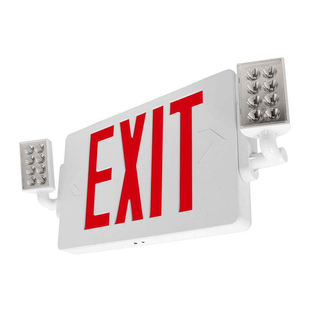 LFI Lights | Thin Combo Red Exit Sign with Emergency Lights | White Housing | All LED | Two Adjustable Heads | Hardwired with Battery Backup | UL Listed | (4 Pack) | COMBOT-R