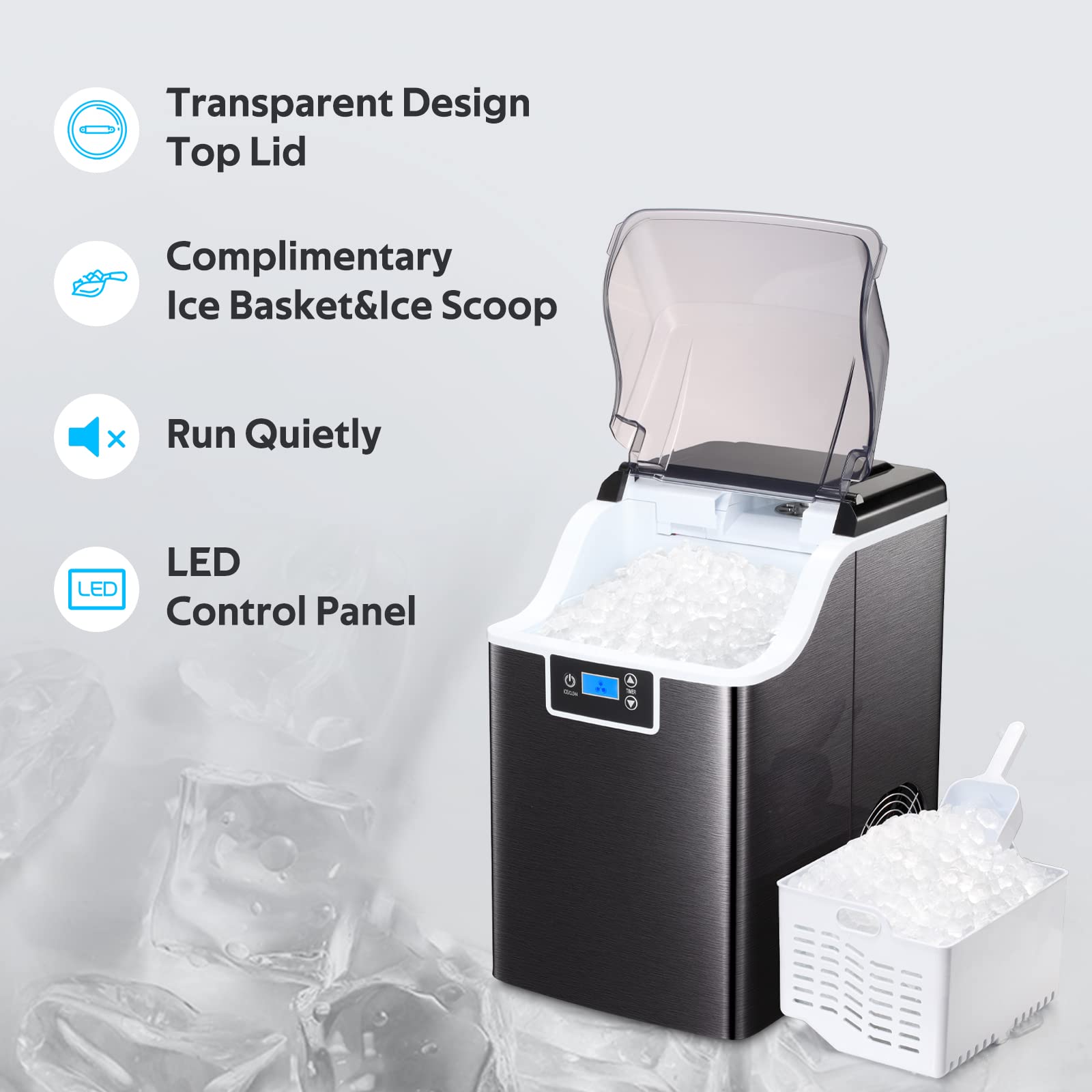ZAFRO Nugget Ice Makers Countertop,45lbs/Day Pebble Ice Maker Machine with Self-Cleaning,24hrs Timer,LED Panel Sonic ice Maker with Ice Scoop and Ice Basket for Home/Bar/Party (Stainless Steels Black)