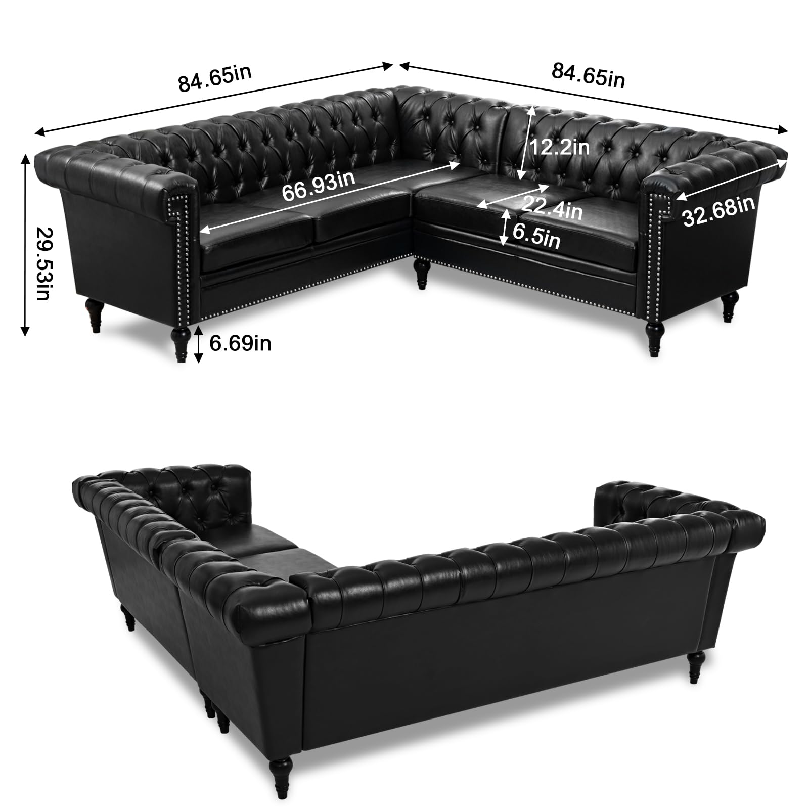 Vaztrlus Chesterfield L-Shaped Faux Leather Sectional Sofa, Modern, Large Corner Couch for Living Room with Modular Button Design. Five-Seater Sofas (Black