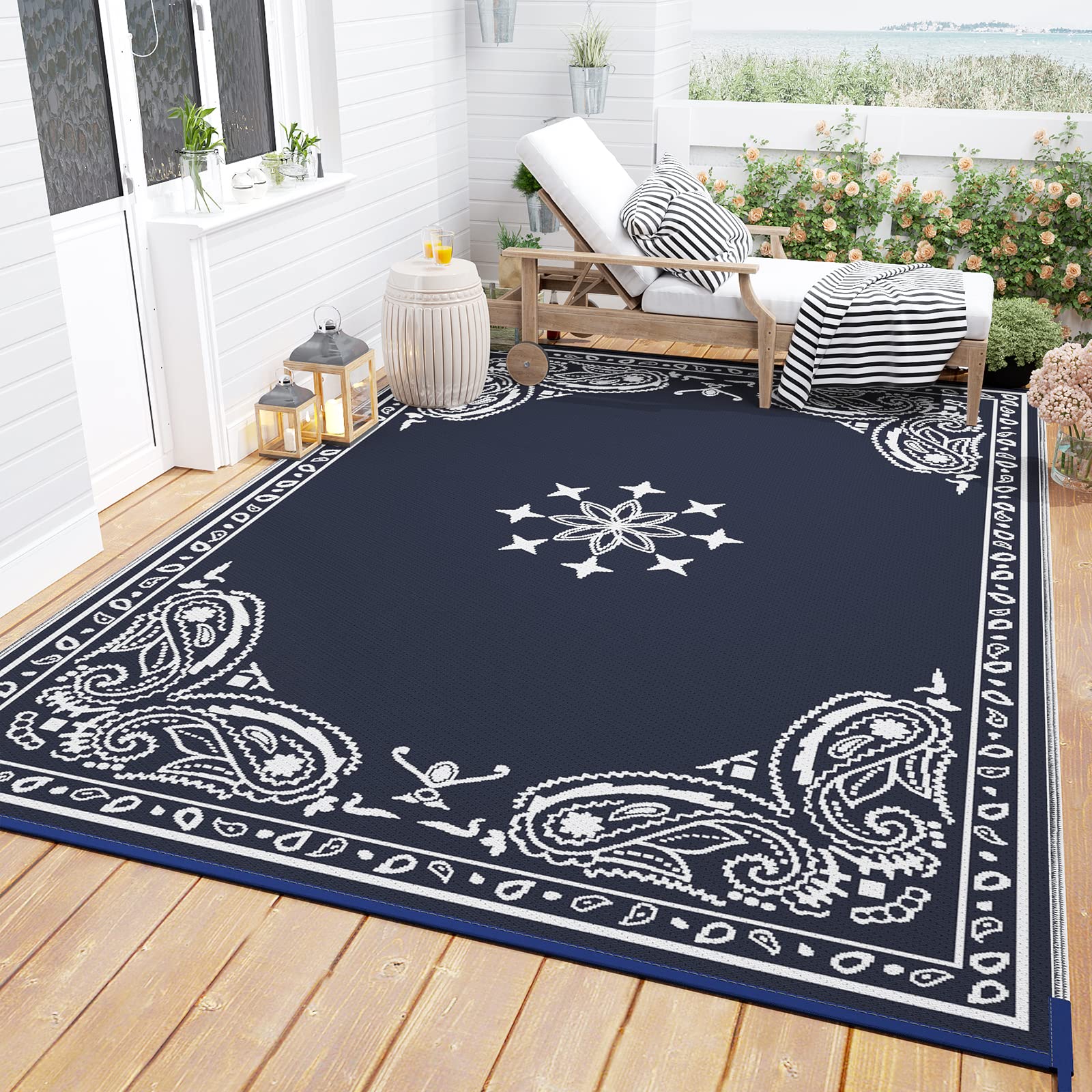 Outdoor Rug Carpet-Patio Rug 6'x9' Waterproof Reversible Outdoor Plastic Straw Rug Fit Porch Deck Balcony Backyard Outdoor Decor-Camping Mat RV Rugs for Outside Paisley Floral
