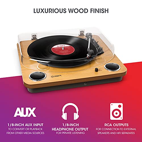 ION Audio Max LP β Vinyl Record Player / Turntable with Built In Speakers, USB Output for Conversion and Three Playback Speeds β Natural Wood Finish