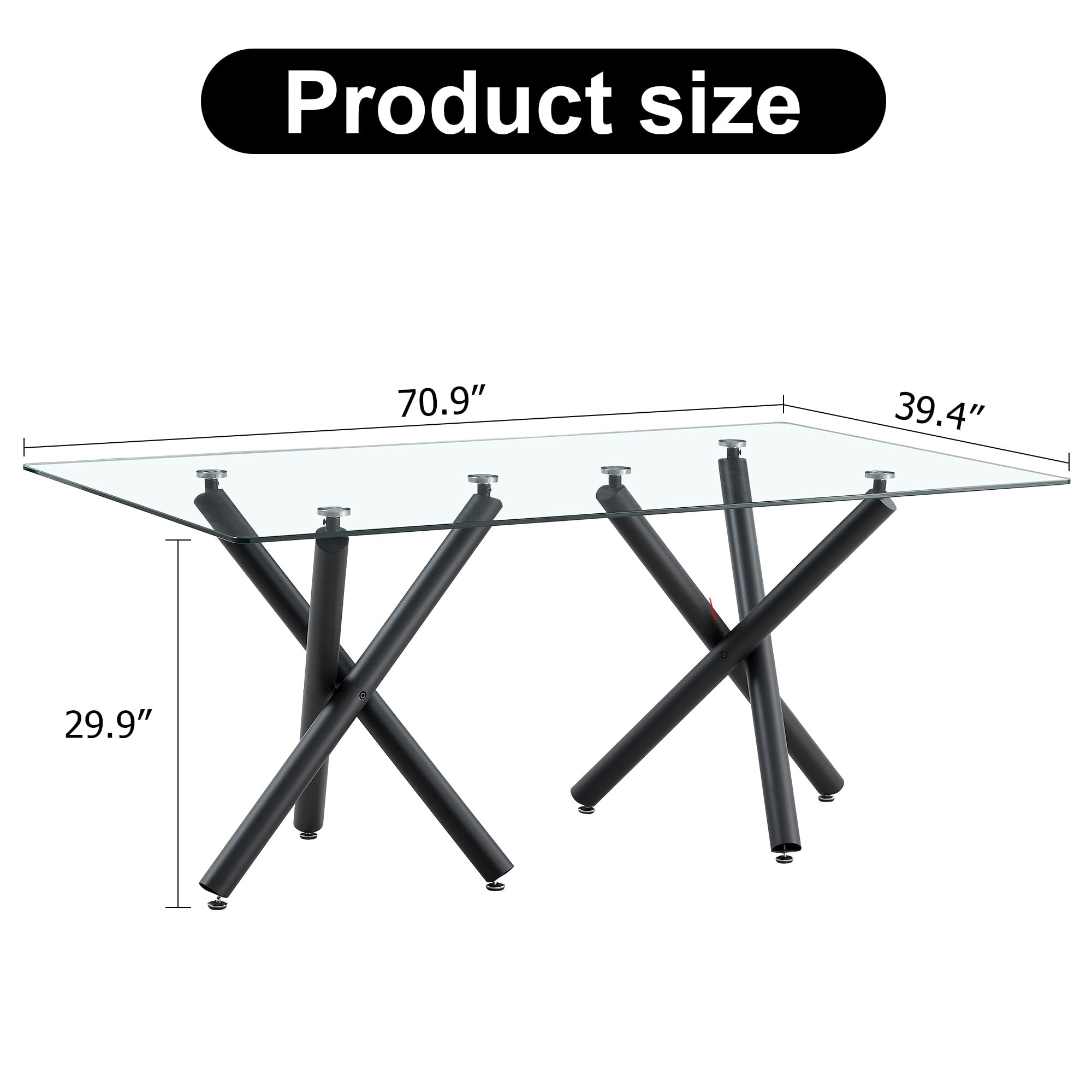 JBFF 71" Large 6-8, Modern 0.39" Tempered Glass Top Black Metal Pedestal Base, Easy Assemble, Mid-Century Rectangle Dinner Table for Dining Living Room, Kitchen