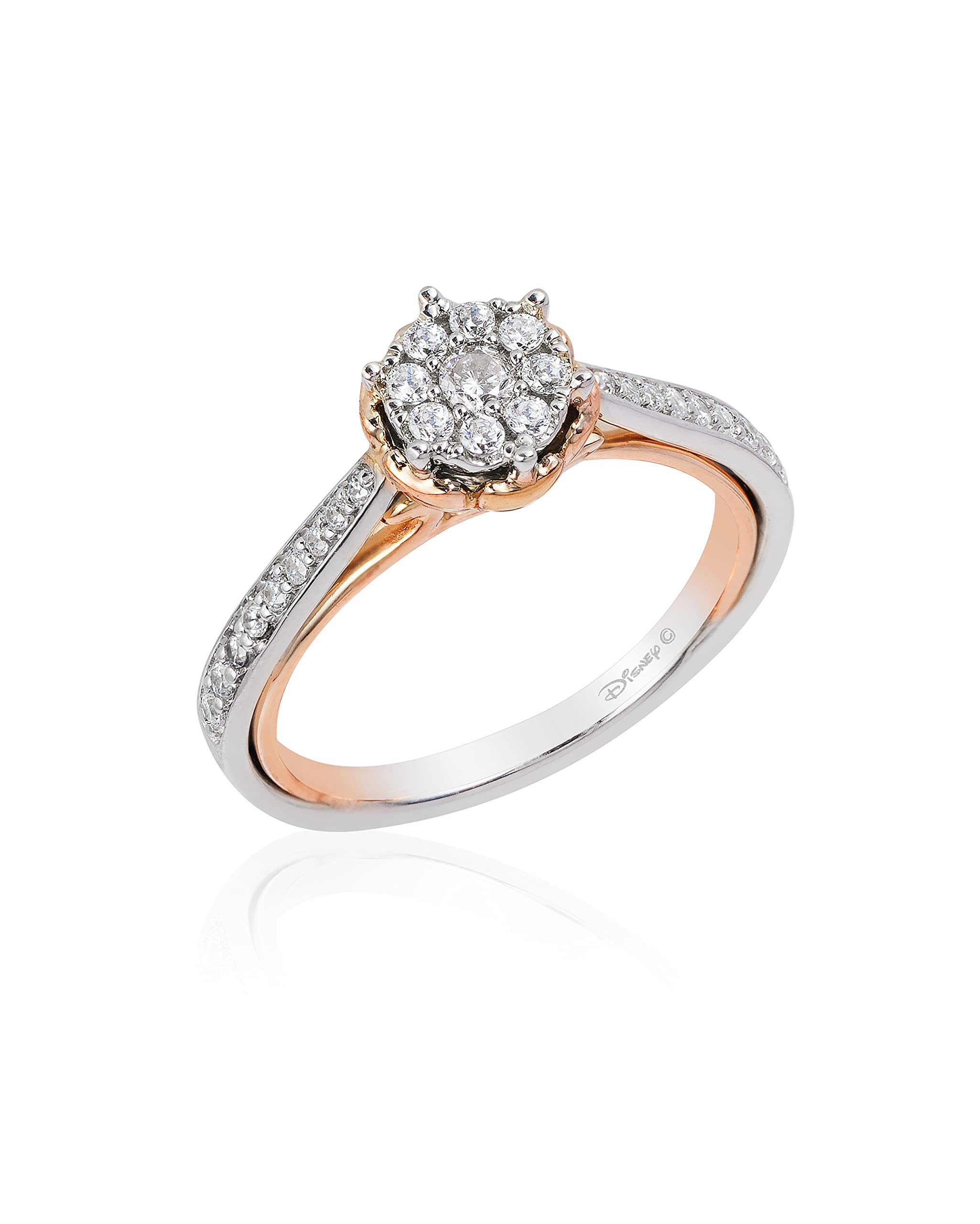 Jewelili Enchanted Disney Fine Jewelry 14K White Gold and Rose Gold 1/3 Cttw Diamond Belle Rose Composite Bridal Ring Size 7