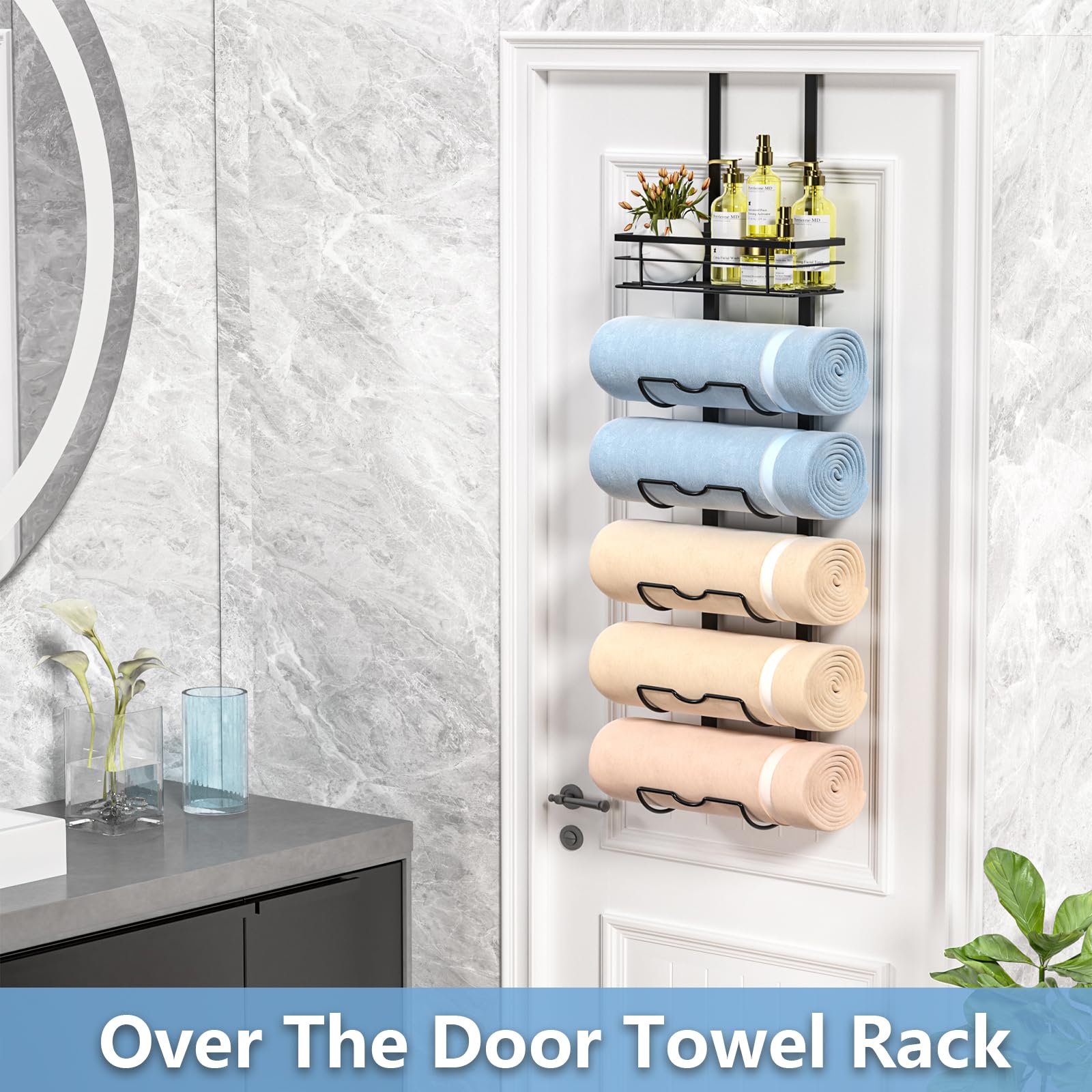 Xstydes 6-Tier Over The Door Towel Rack,Towel Racks for Bathroom, Metal Towel Holder with Storage Basket,Towel Storage for Small Bathroom,Towel Rack for Rolled Towels,Black
