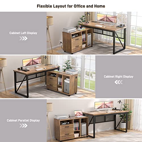 Unikito 55 Inch Executive Desk and Lateral File Cabinet, L Shaped Office Desk with Power Outlet and USB Port, Large Computer Table Home Office Furniture with Drawers and Storage Shelves, Rustic Walnut