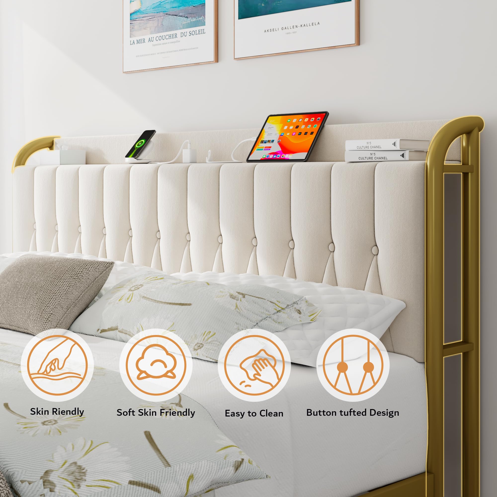 iPormis King Size Metal Bed Frame with Charging Station, Velvet Headboard and Footboard, Heavy Duty Steel Support, 12" Under Bed Storage, No Box Spring Needed, Easy Assembly,Beige&Gold