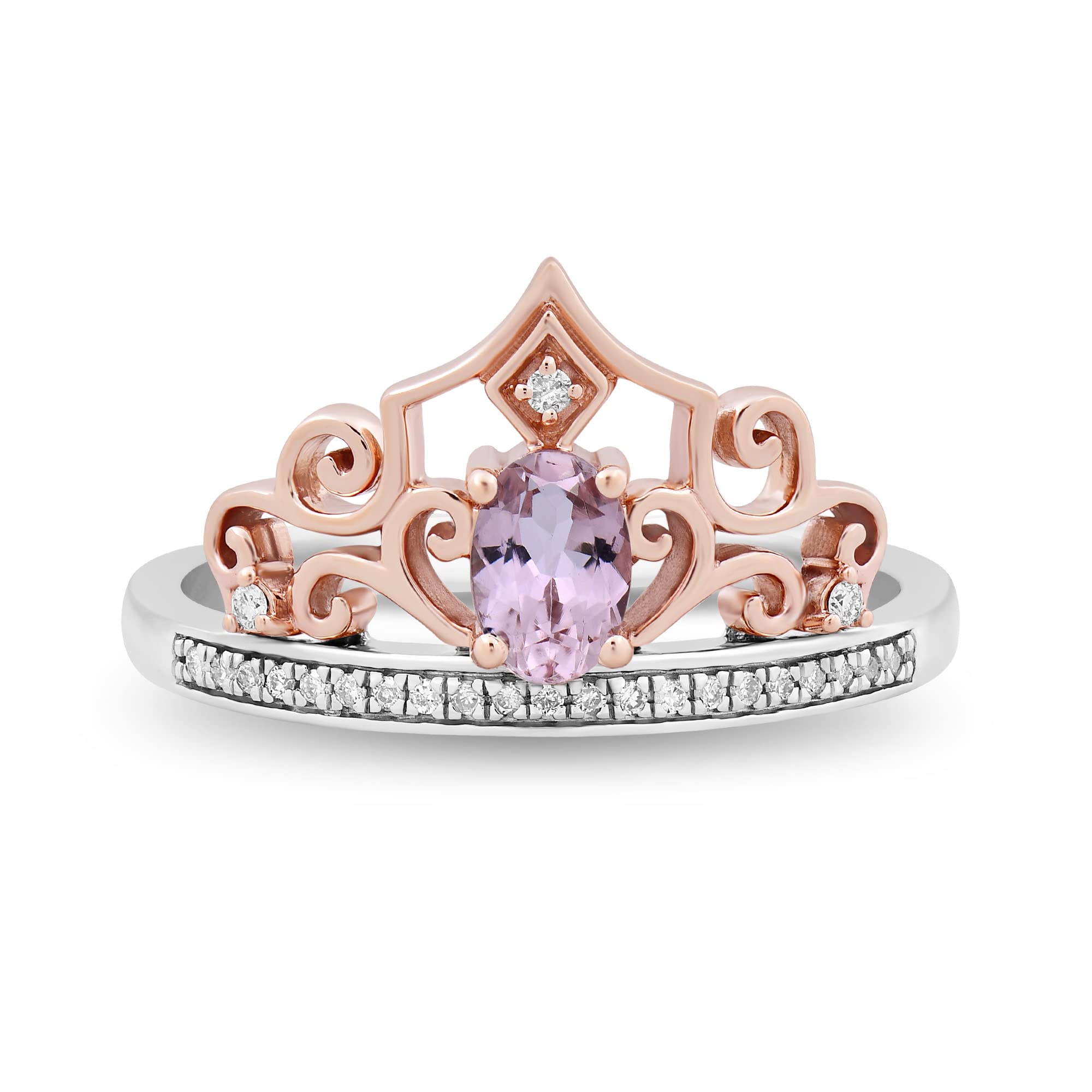 Jewelili Enchanted Disney Fine Jewelry Sterling Silver and 10K Rose Gold 1/10 CTTW Aurora Tiara Ring, size 6