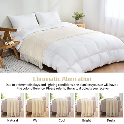 Yastouay Knitted Throw Blankets Soft Cozy Knit Blanket with Tassel Lightweight Breathable Fleece Blanket Decorative Blanket for Couch, Bed, Sofa, Travel and Farmhouse, 50"x60", Off White