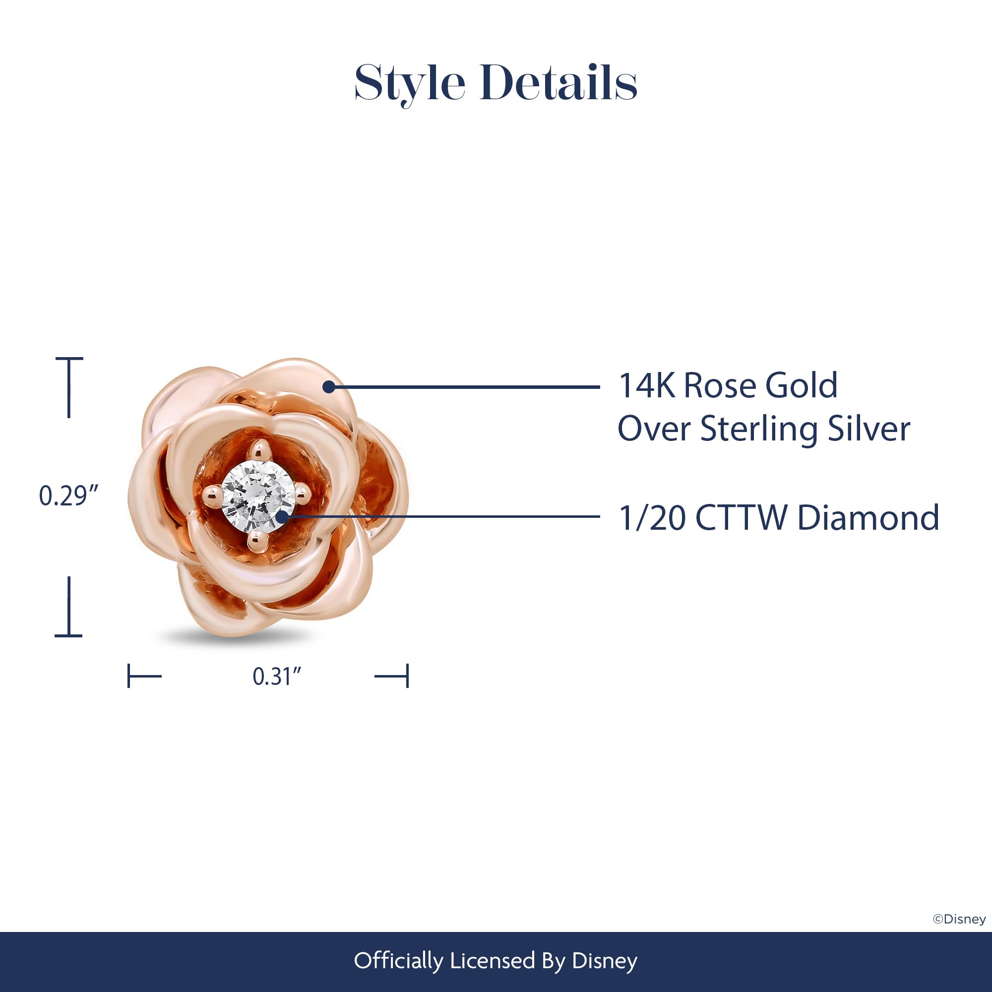 Jewelili Enchanted Disney Fine Jewelry 14K Rose Gold over Sterling Silver Diamond Accent Belle Rose Earring
