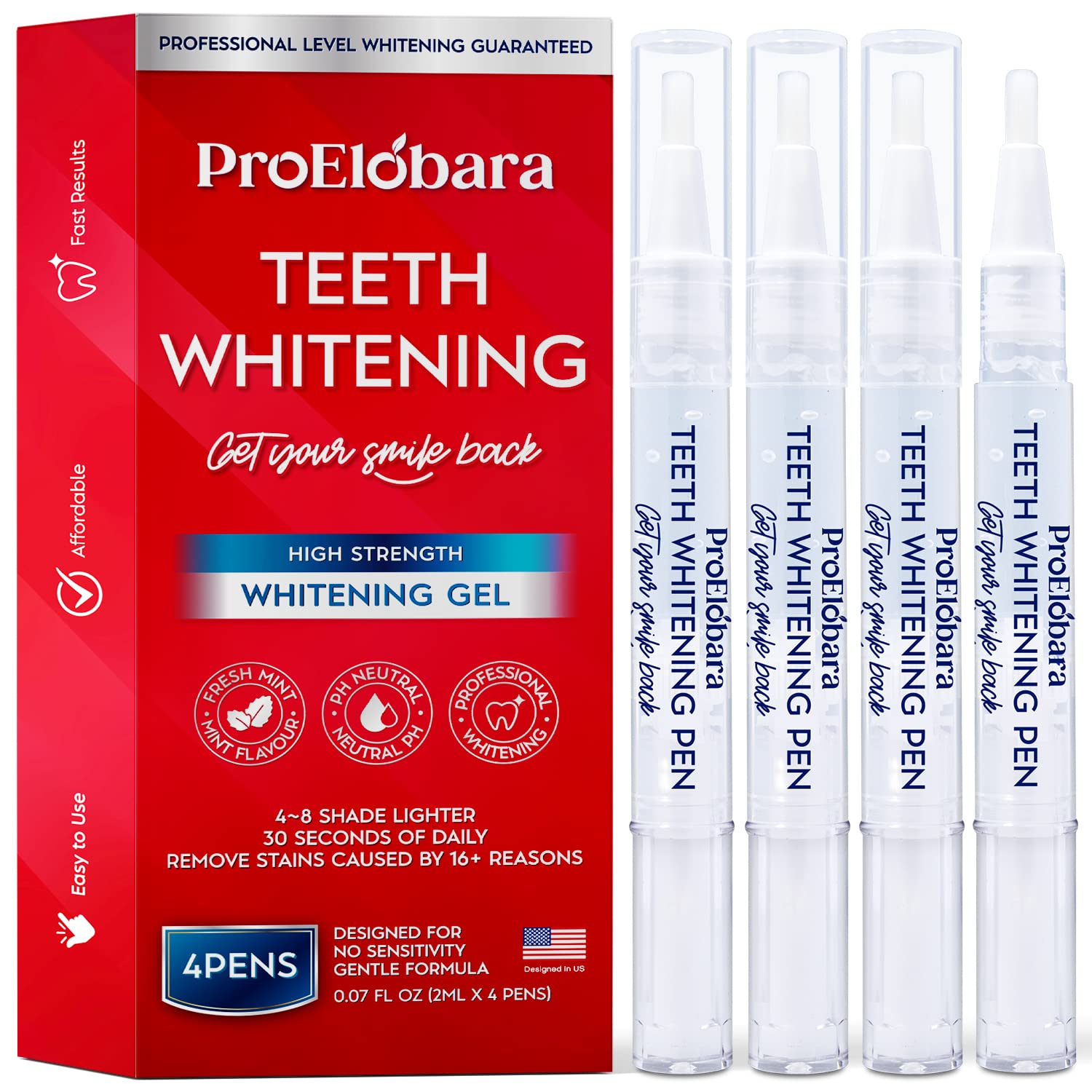 ProElobara Teeth Whitening Pen, Teeth Stain Remover Treatment with Power Tooth Whitening Gel - No Sensitivity, Brighter Smile, Painless, Effective, Mint Flavor - 4 Pens