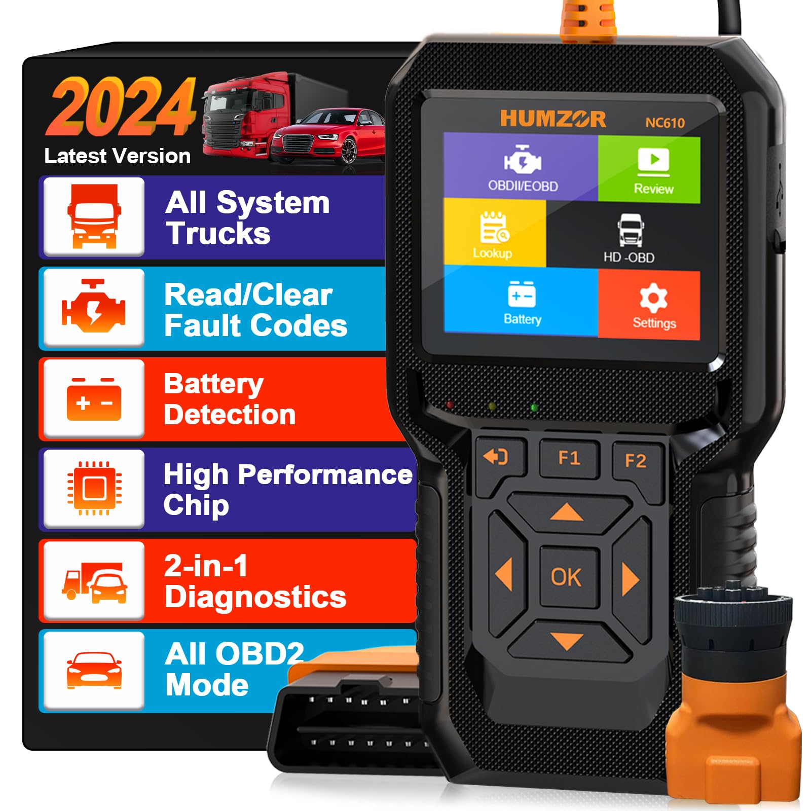 HUMZOR NC610 OBD2 Scanner,Car/Heavy Duty Truck Scanner Car Code Reader Diesel Diagnostic Tool, Full OBDII Function - 2 in 1 Auto & Truck Engine Light Clear Check Fault Diagnostic Scan Tool.