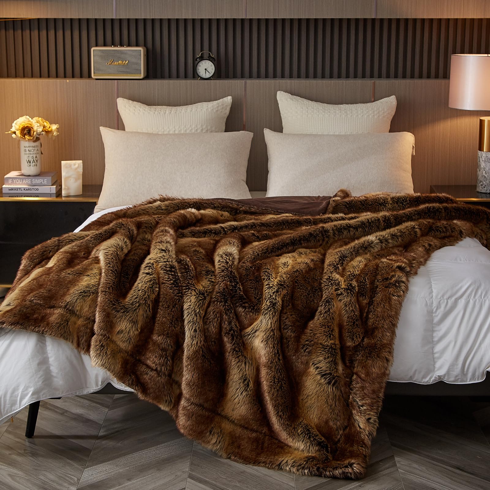 HOMFINE Luxury Faux Fur Blanket - Super Thick Warm Long Fluff Fuzzy Throw Blanket for Bed, Sofa, Couch, Home Decor with Soft Cozy Plush Velvet Back, 60"x80", Deluxe Brown