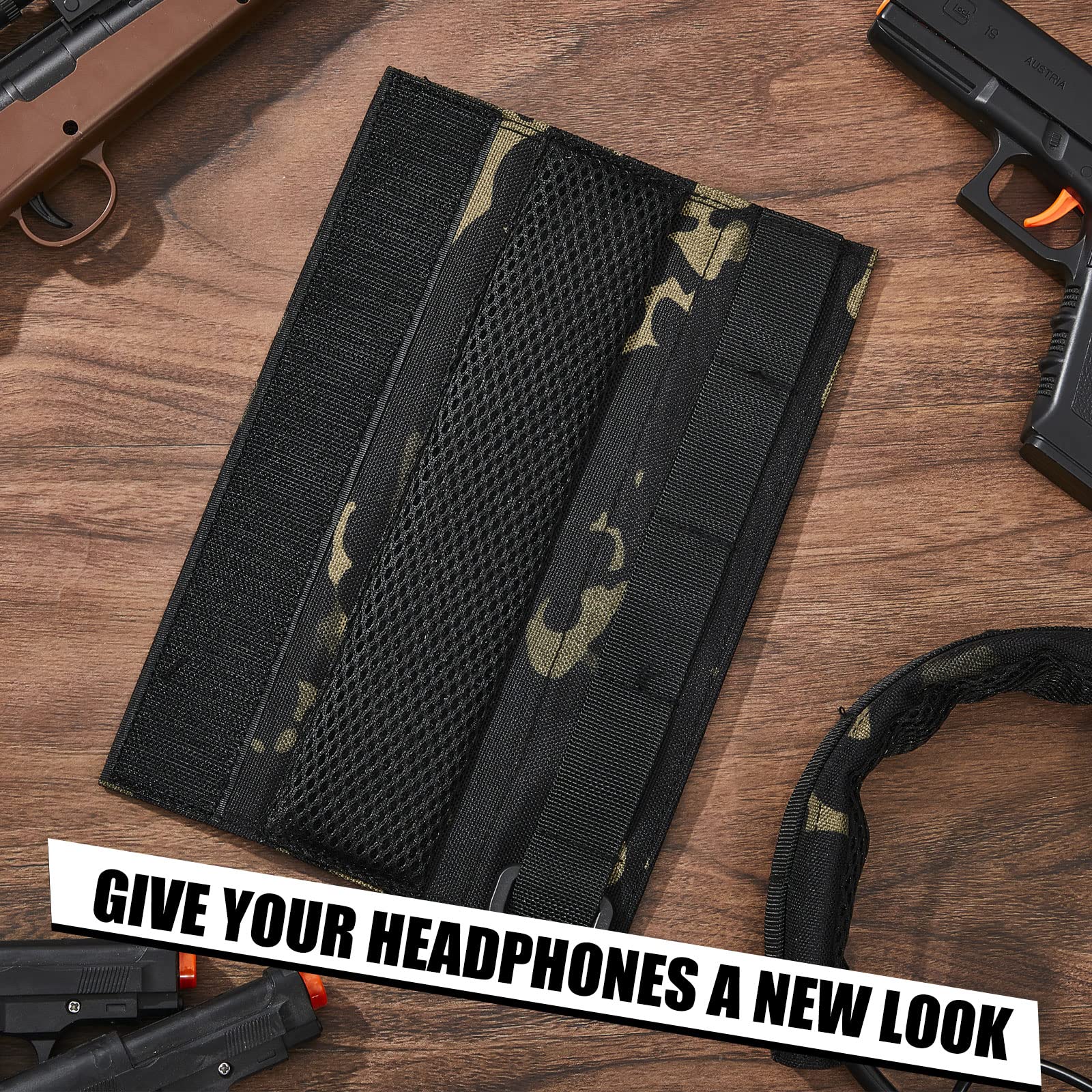 Patelai 2 Pieces Headset Cover Tactical Earmuffs Modular Cover for Accessories Replacement Headphone Headband Headset Cover Fit for All General Tactical Earmuffs, Black Camo