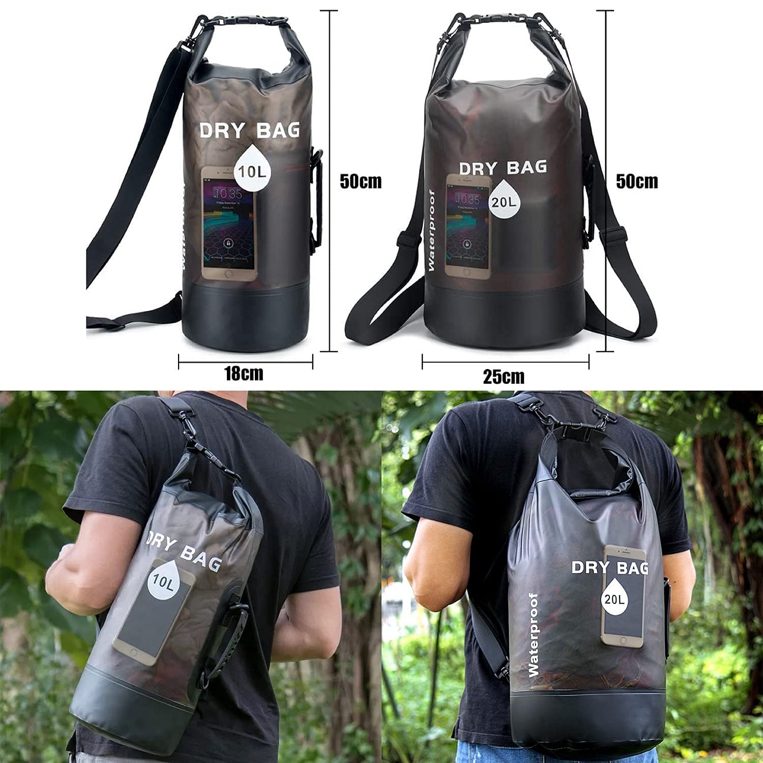 JSL HOME Waterproof Backpack Dry Bags Translucent Perfect for Boating Kayaking Hiking Canoeing Fishing Swimming Camping Snowboarding Adjustable Shoulder Strap (Black, 10L)