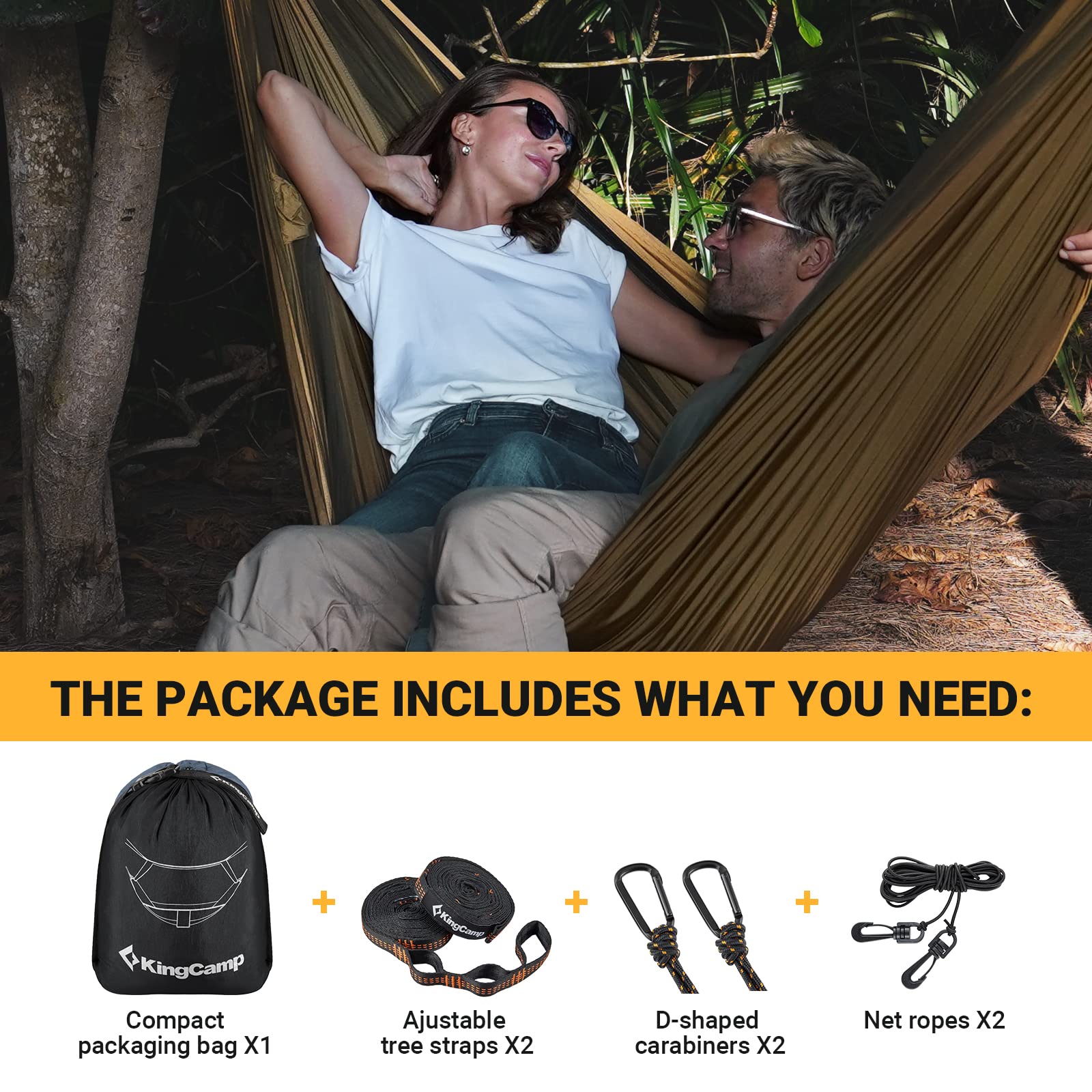 KingCamp Camping Hammock with Net, Double & Single Portable Hammock add Sunshade Cloth Lightweight Tree Hammocks for Outside Camping Travel Backpacking Backyard Support to 550lbs, Tree Straps (Black)
