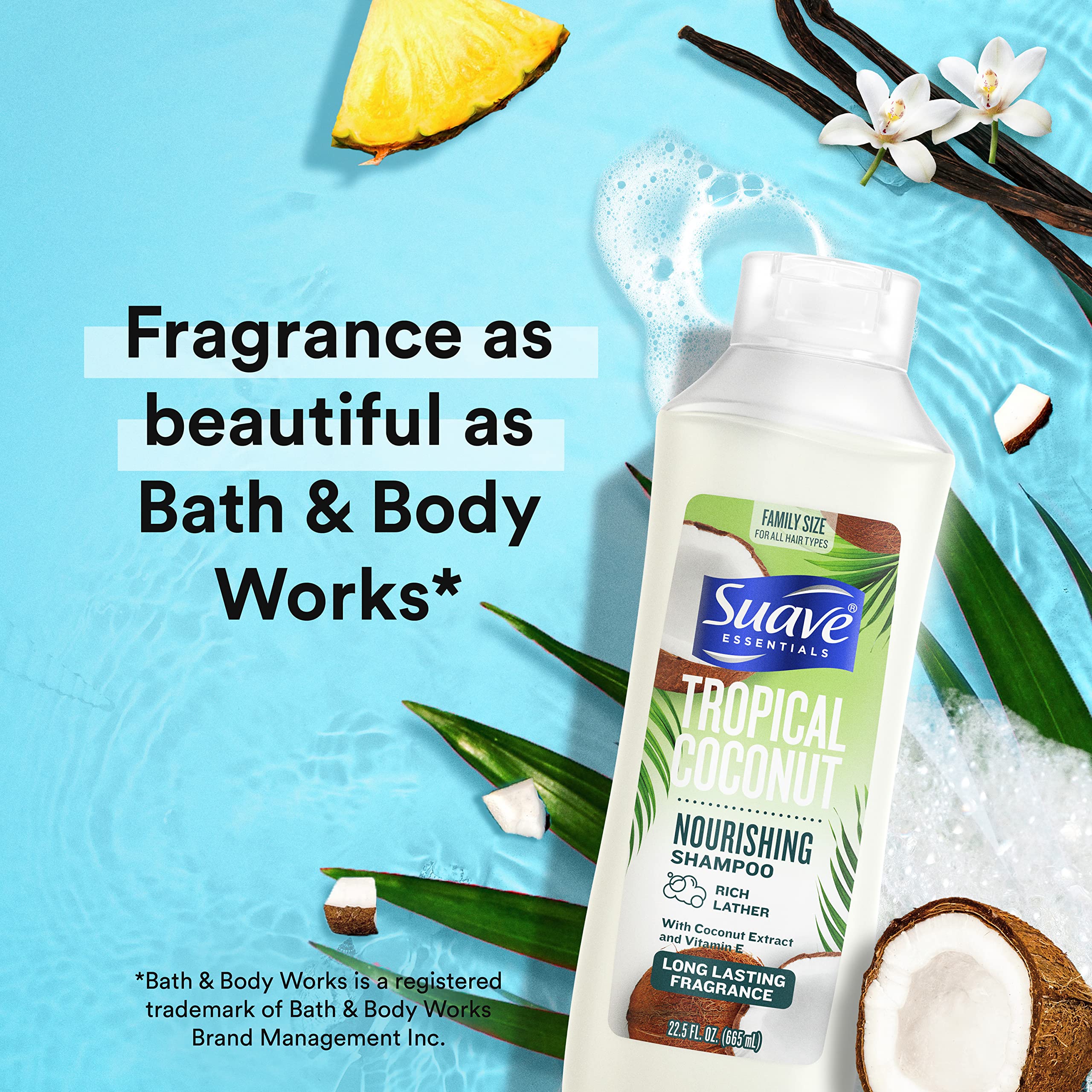 Suave Essentials Nourishing Shampoo, Infused with Coconut Extract and Vitamin E, Tropical Coconut Shampoo with a Long Lasting Fragrance 22.5 oz