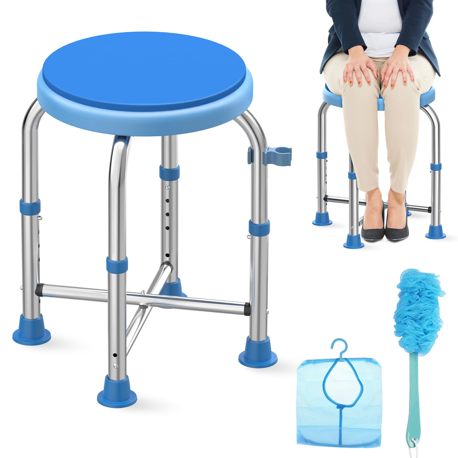UGarden Upgraded Shower Chair with Reinforced Crossbar Supports, 400LB Stainless Steel Round Shower Seat for Inside Shower, Adjustable Small Shower Stool w/Padded, Non-Slip Bathroom Chair for Elderly
