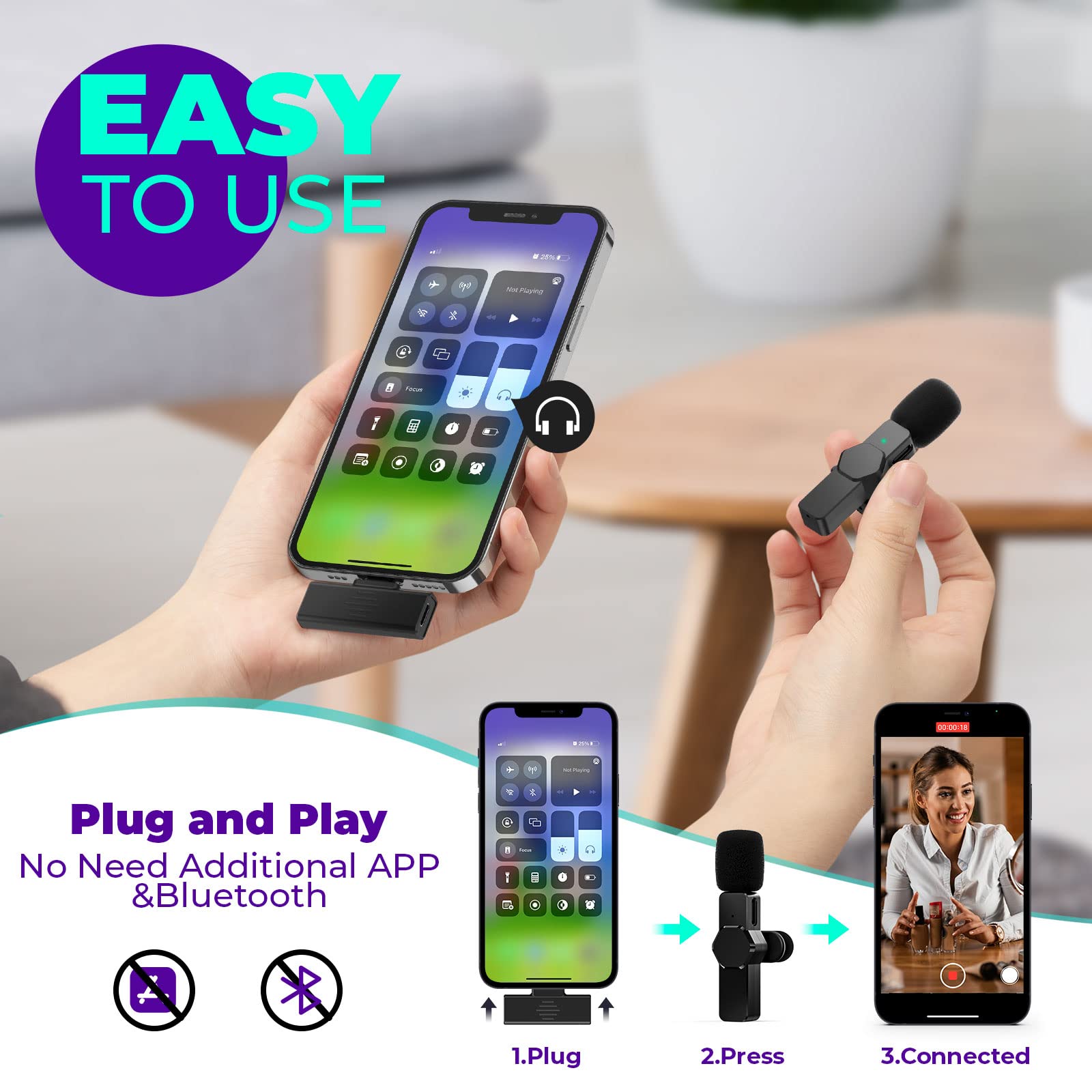 JSSEVN Wireless Lavalier Microphone Compatible with iPhone iPad, Plug-Play Wireless Mic for Recording, YouTube, TikTok, Facebook Live Stream, Noise Reduction Auto-Sync (NO APP or Bluetooth Needed)