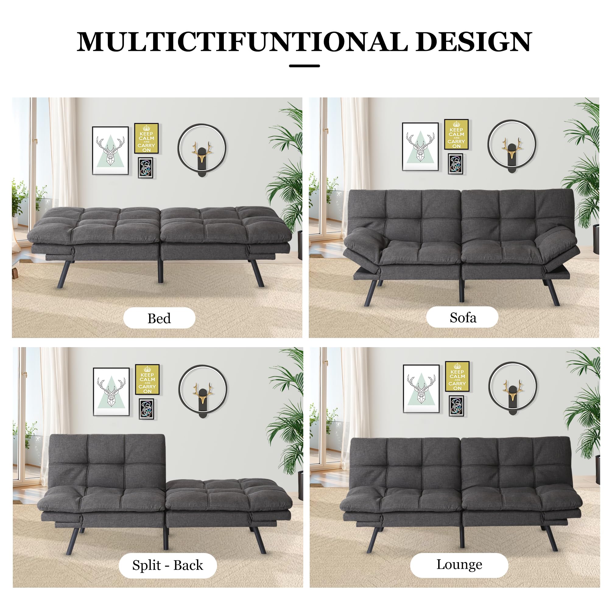 Xuanlur Futon Sofa Bed with Adjustable Backrests, Sleeper Couch with Adjustable Armrests, Convertible Sofa Couch Bed for Small Space,Apartment, Living Room, Grey