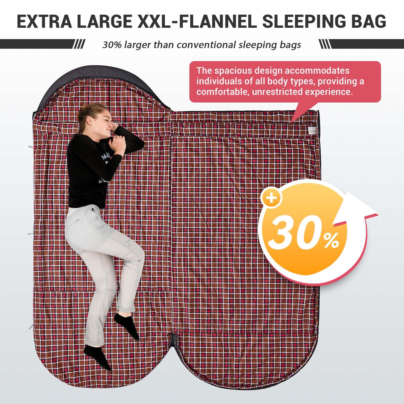 KingCamp Flannel Sleeping Bag for Adults, Warm&Cold Weather 4 Season Sleeping Bag, Extra Wide Sleeping Bag for Camping, Hinking, Backpacking