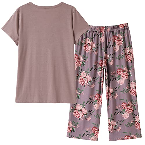 Vozanet Women's V Neck Sexy Pajama Sets Capri Sleepwear Floral Elegant Nighty 2PCS Plus Size S-3XL, Florals-Brown, XX-Large