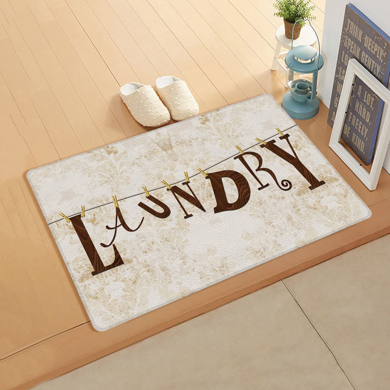 Laundry Rectangular Door Mat Indoor Doormat Bath Rugs Non Slip, Washable Cover Floor Rug Absorbent Carpets Floor Mat Home Decor for Kitchen Words Clipped on The Rope Yellow Retro Style (16x24)