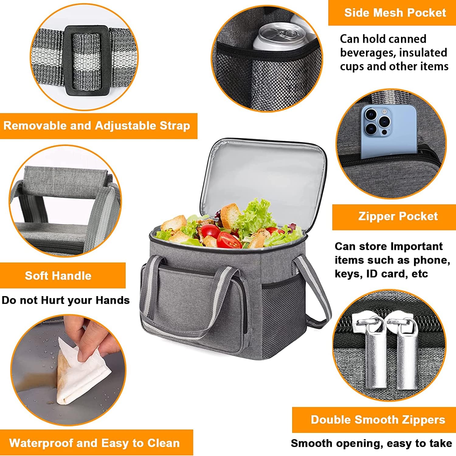 Insulated Cooler Bag for 24Can (14L) Reusable Thermal Bag Leakproof Freezable Cooler Bag Organizer with Adjustable Shoulder Strap for Women Men Office Work Picnic Hiking Beach, Grey