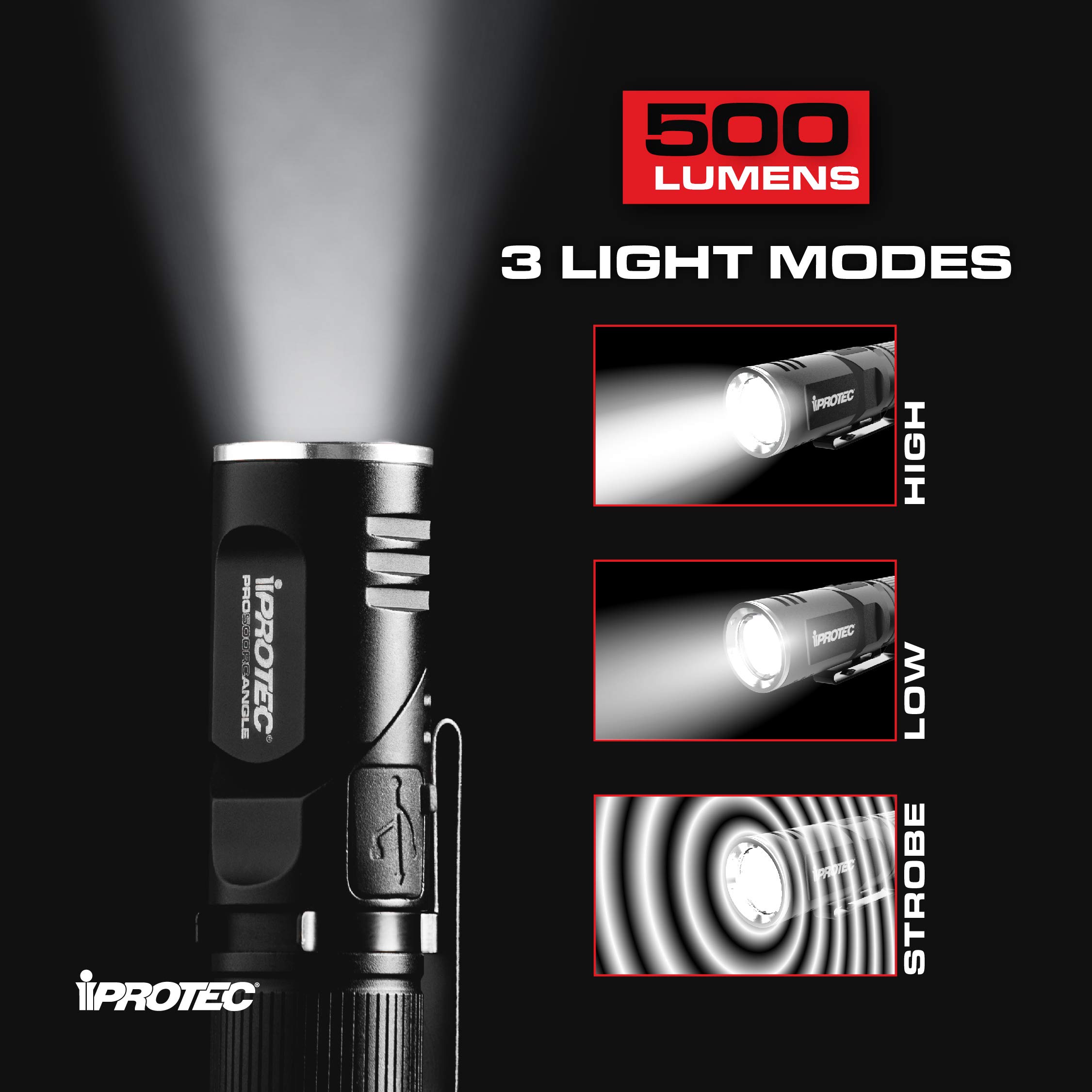 iProtec PRO500RCAngle 500 Lumen 90 Degree Pivoting Flashlight, USB Rechargeable Angled Tactical Work Light with Rotating Head 3 Light Modes; Pocket Clip Magnetic Base for Hands-Free Lighting