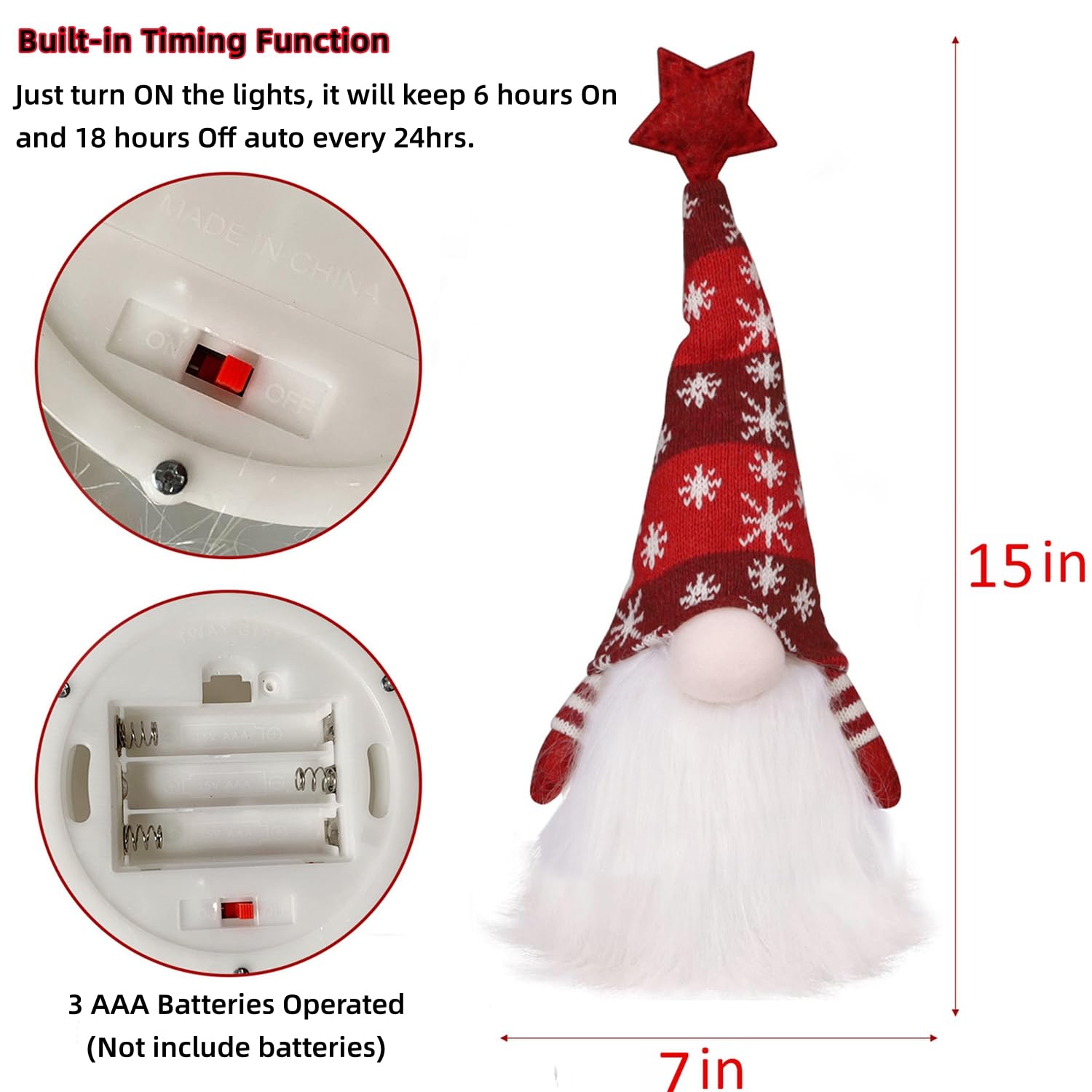 Juegoal 15" Lighted Christmas Gnome, Handmade Plush Scandinavian Swedish Tomte, Light Up Elf Toy Holiday Present, Battery Operated Winter Tabletop Christmas Decorations, 2 Set