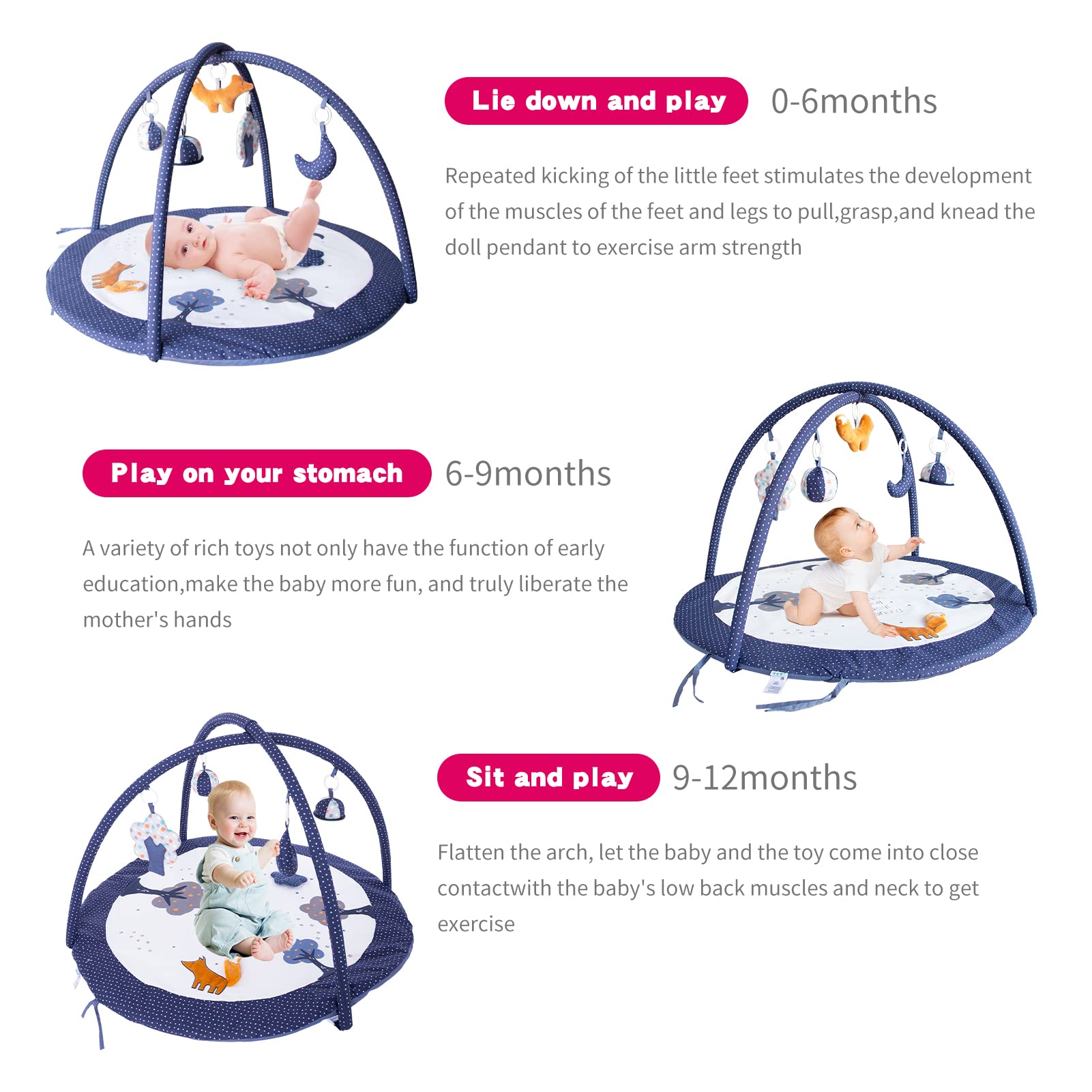 sucarlon Baby Gym Play Mat,Thick & Plush Play Gym,Thicker Non-Slip Baby Activity Gym,Visual, Hearing, Touch, Cognitive Development for Baby,for Ages 1 to 36 Months,Mother's Day Gift