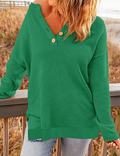 ZESICA Women's 2023 Casual V Neck Sweater Loose Long Sleeve Waffle Knit Button Henley Pullover Jumper Top,Green,Small