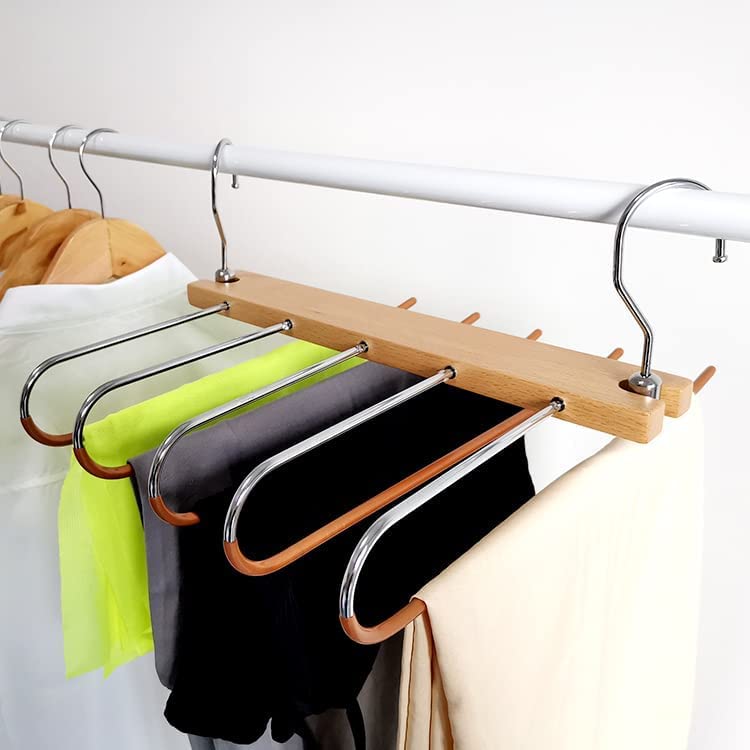 Uniworld Beech Wooden Pants Hangers Space Saver - Trouser Hanger, Space-Saving Multiple 5-in-1 Stainless Steel Extendible, Foldable Multi Magic Wardrobe Clothes Hanger Holder, Standard (Pack of 1)