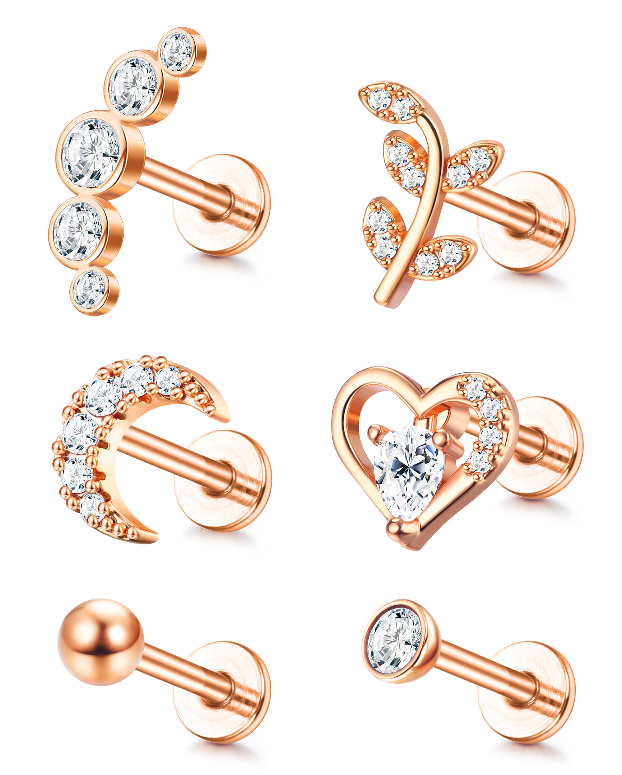 Jstyle 6Pcs Cartilage Earrings Stud Internally Threaded CZ Moon Heart Leaf Helix Tragus Conch Labret Monroe Lip Piercing Jewelry 16G RG6
