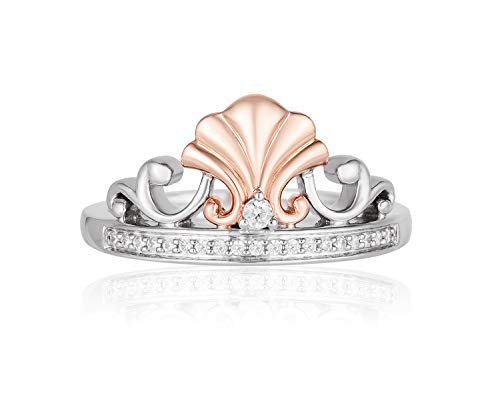 Jewelili Enchanted Disney Fine Jewelry Sterling Silver and 10k Rose Gold 1/10 Cttw Diamond Ariel Shell Tiara Ring Size 6