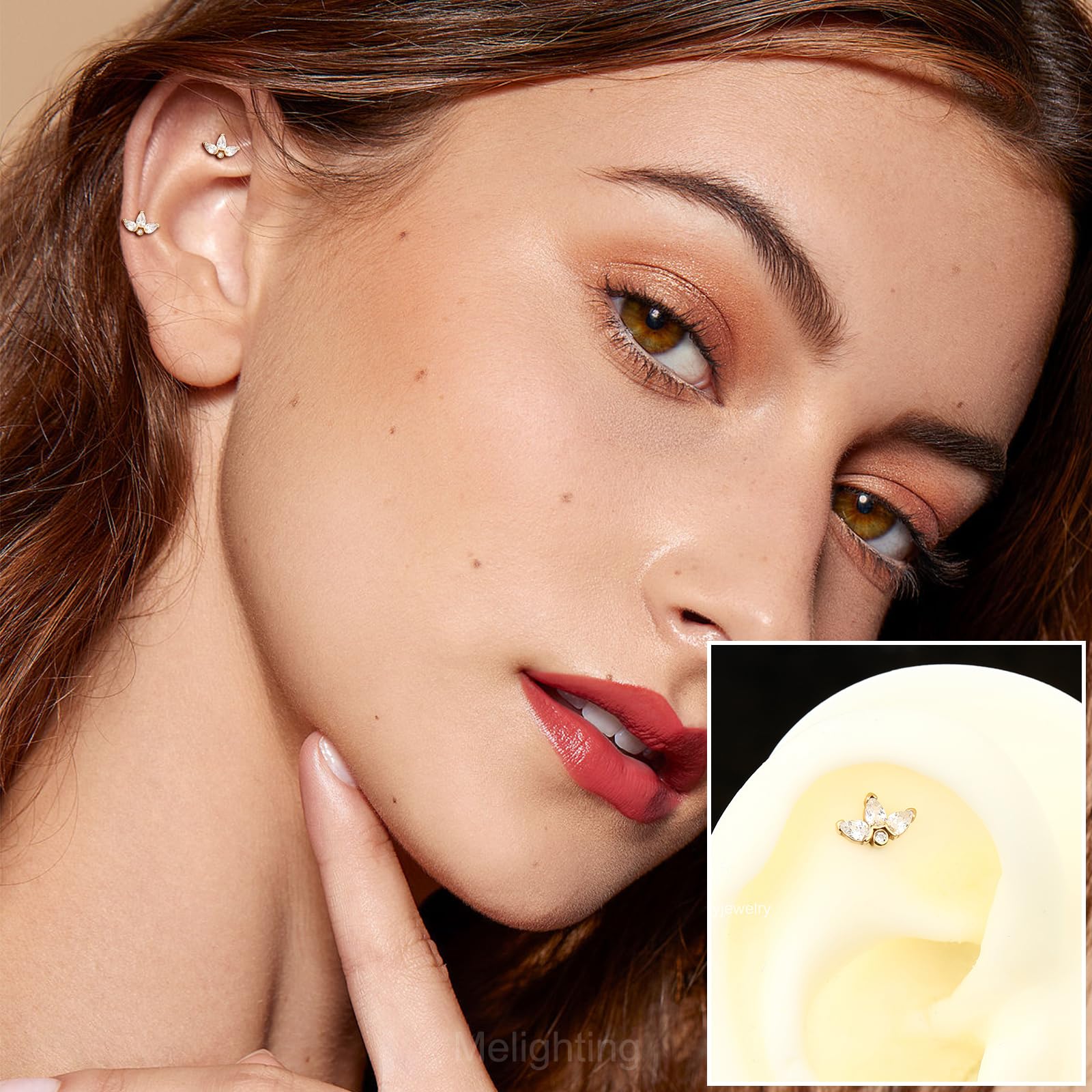 Melighting 14K Solid Gold Flat Back Earring Gold Threadless Earring Titanium Threadless Push in Earring for Women 16G Gold Tragus Piercing Jewelry Gold Helix Earring Cartilage Earring for Women