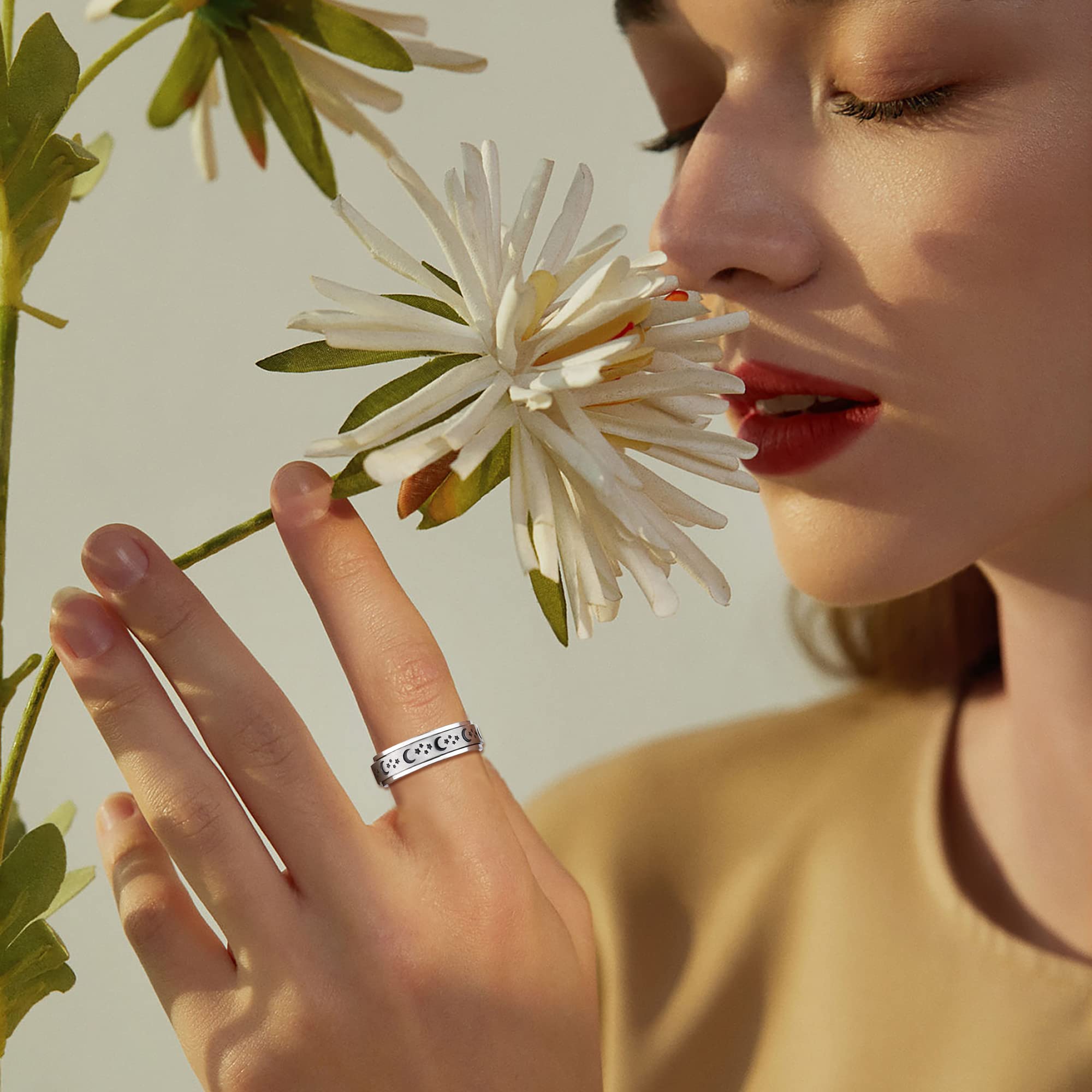 Jstyle 6Pcs Stainless Steel Spinner Ring for Women Men Triple Interlocked Rolling Flower Moon Star Fidget Band Rings for Stress Relieving Wedding Promise 5