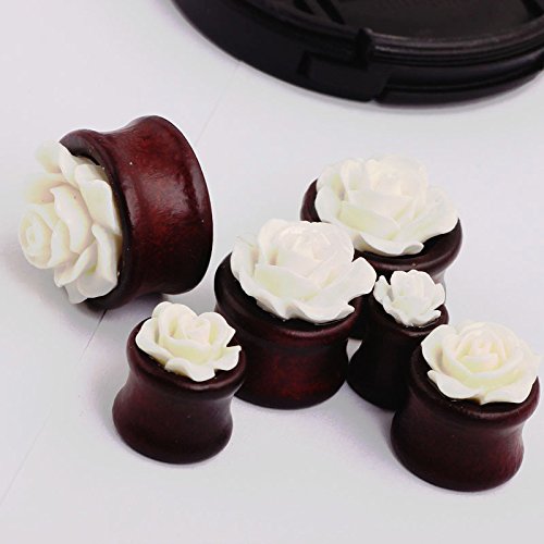 IPINK- Natural Bamboo Wood Hollow Ear Plug White Rose Flower Ear Tunnels (Pair of 00 gauge(10mm))