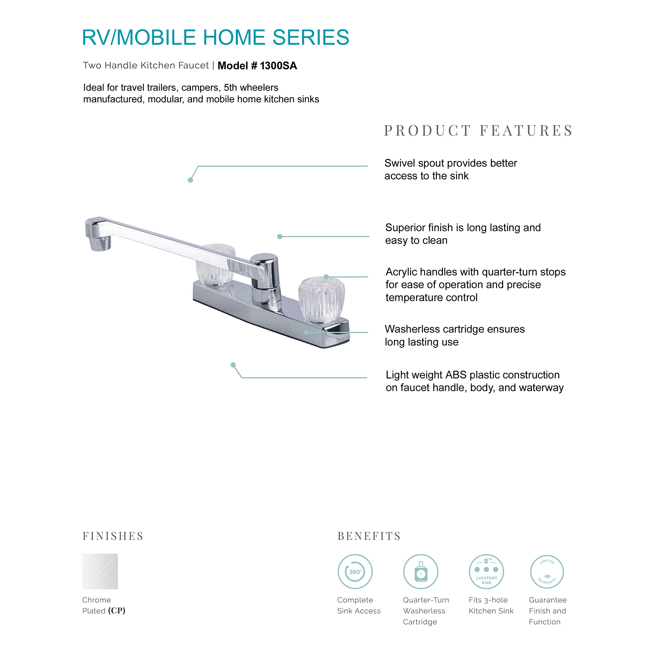 Laguna Brass 1300SACP RV/Motorhome Two Handle Non-Metallic Swivel Kitchen Faucet, Chrome Finish