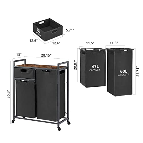 Unovivy Double Laundry Hamper with Drawer, Laundry Basket with 2 Removable Laundry Sorter Bags, Oxford Fabric, Metal Frame, Clothes Hamper for Bathroom, Dorm, Laundry Room (Rustic Brown)