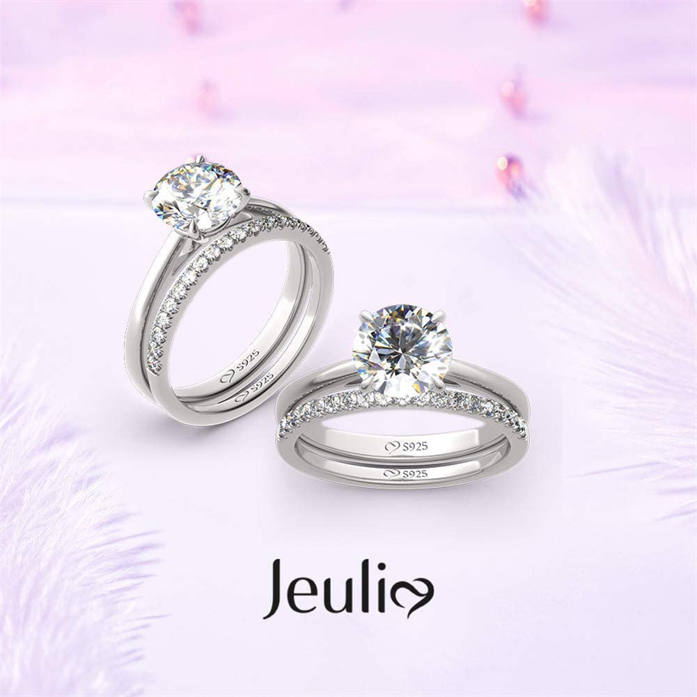 Jeulia 3.5ct Sterling Silver Wedding Ring Bridal Sets Classic Round Cut Anniversary Promise Jewelry with 0.35 ct Side Stone Brilliant Solitaire Band for Her with Gift Box (White, 9.5)