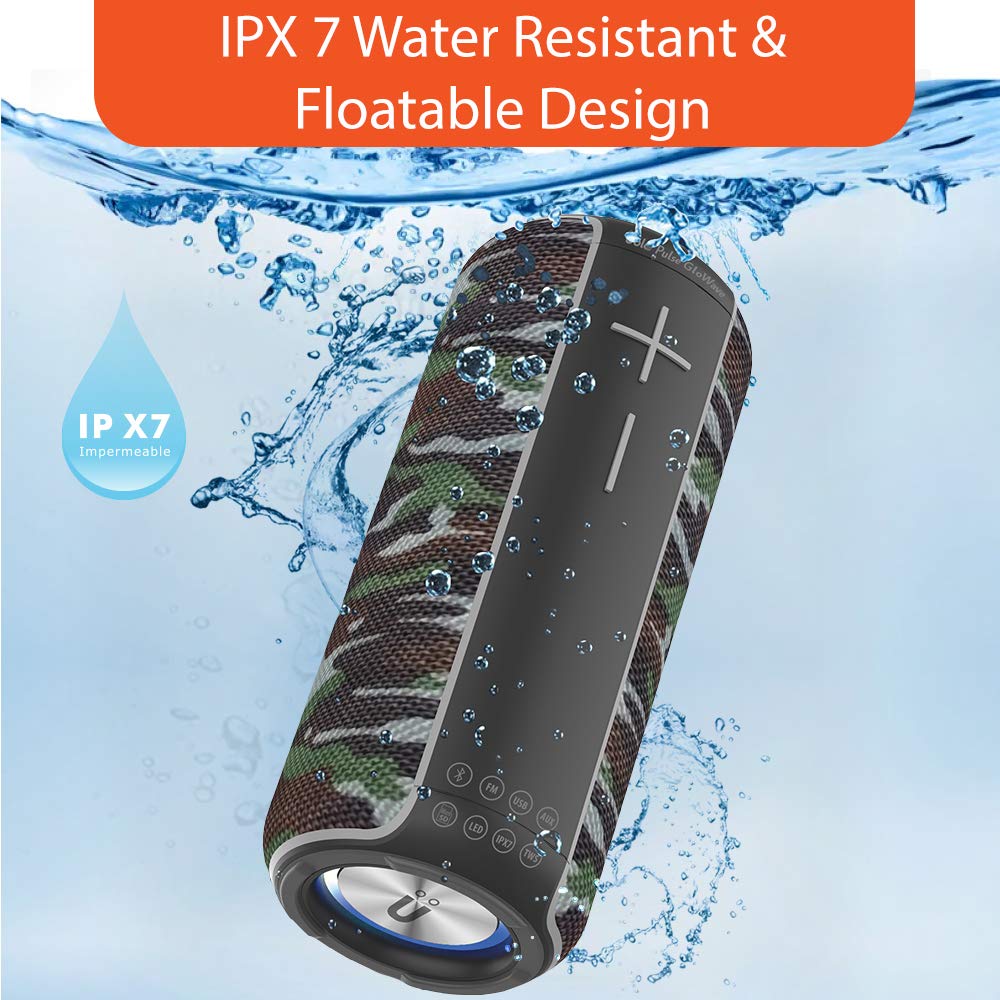 IPX 7 Waterproof Uolo Pulse Glowave Bluetooth & FM Radio Portable Wireless Speaker [16W] Stereo Sound, 24+ Hours Playtime, Built-in Mic & LED colors Lights-Compatible for iPhone, Samsung [Camo]