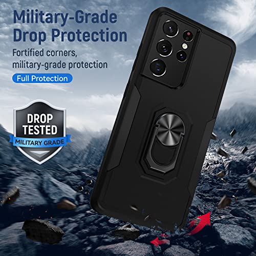 YmhxcY Samsung S21 Ultra Case with 2 Pack 3D Curved Screen Protector, [Military-Grade] 360°Finger Ring Holder Shockproof Protective Case -Black