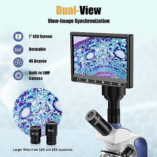 Upgrade Compound Monocular Microscope with 40X-2500X, Dual-View Microscope for Adults, Wide-Field 10X and 25X Eyepieces, Dual Illumination, Built-in 5MP Camera with 7ββ LCD Screen, Abbe Condenser