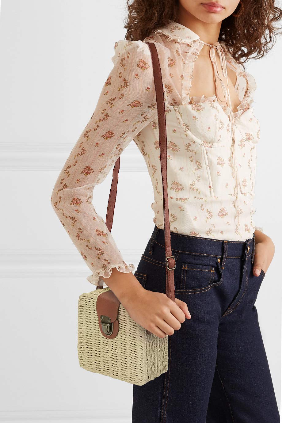 HOXIS Retro Straw Portable Small Case Womens Cross Body Bag Shoulder Messenger Satchel (Khaki)