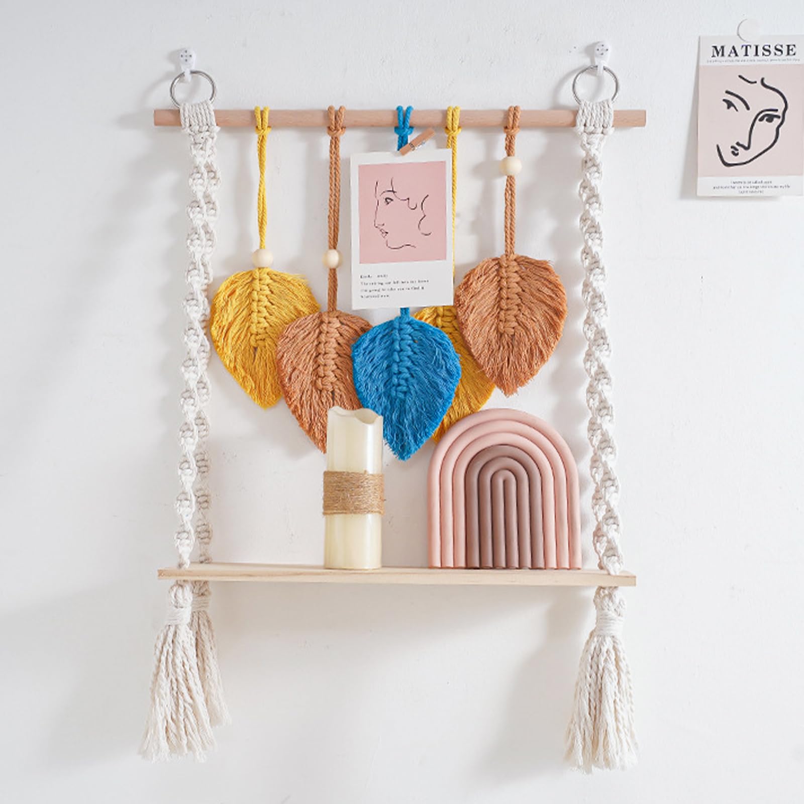 UOIXPUHUO Boho Shelves Macrame Wall Hanging Shelf Tier 1, Handmade Boho Macrame Wall Decor Colorful Leaves Woven, Floating Hanging Plant Shelf Storage Organizer for Bathroom Bedroom Nursery