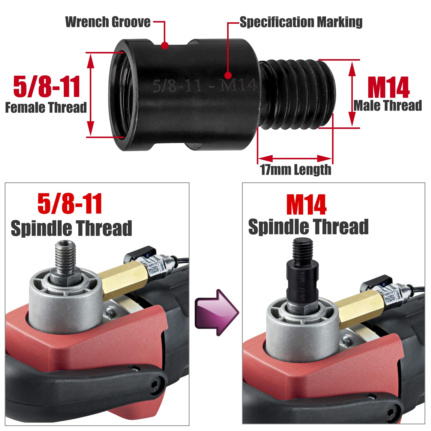 Yakamoz 2Pcs 5/8"-11 Female to M14 Male Angle Grinder Attachment 5/8"-11 to M14 Adapters Rotary Polisher M14 Thread Adaptor Converter