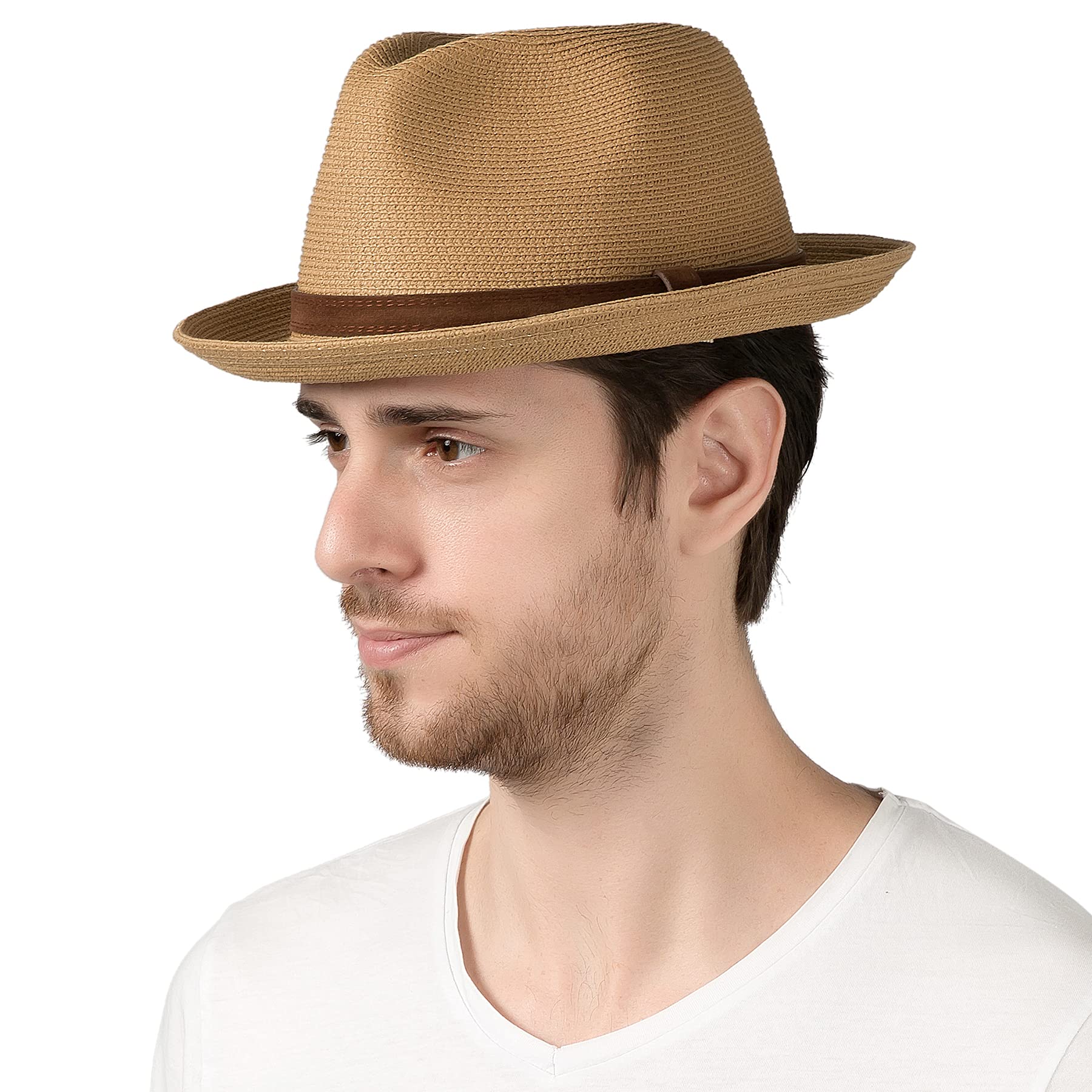 Lanzom Men Women Straw Foldable Roll up Hat Fine Braid Fedora Summer Beach Sun Hat (B-Khaki, Large)