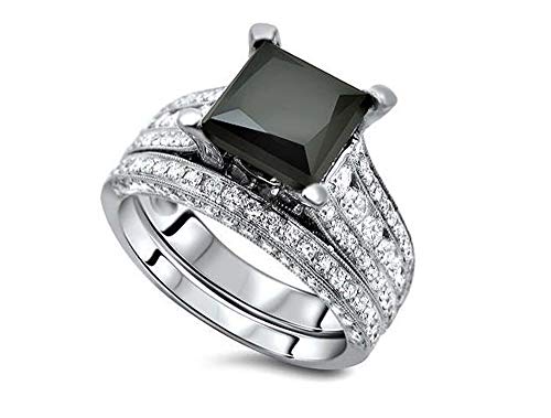 IRA 14K White Gold Over 925 Sterling Silver 2.00 ct Princess Cut Black & White CZ Diamond Engagement Wedding Halo Bridal Ring Set Womens